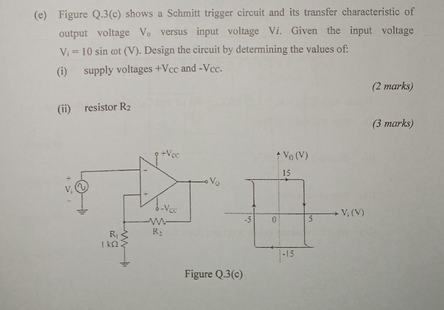 Solved (e) Figure Q.3(c) shows a Schmitt trigger circuit and | Chegg.com