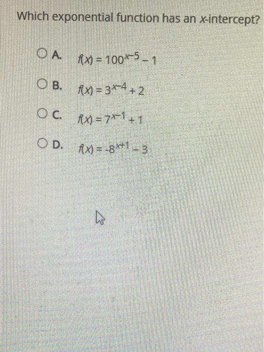 Solved Which exponential function has an x-intercept? OA. | Chegg.com