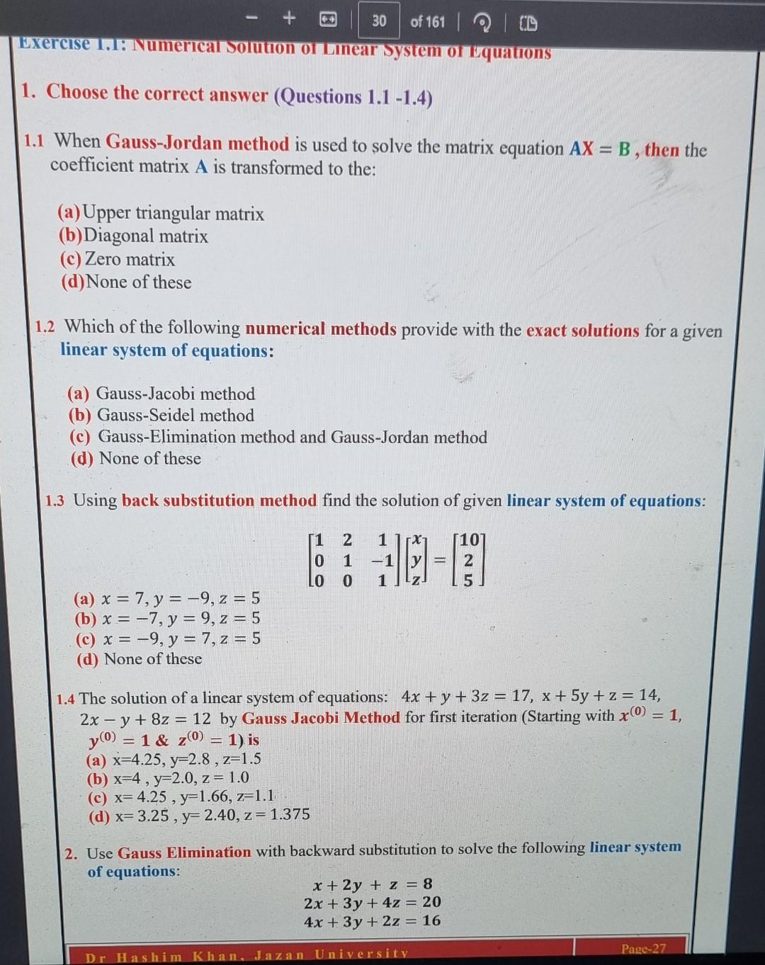 Solved 1.1 When Gauss-Jordan method is used to solve the | Chegg.com