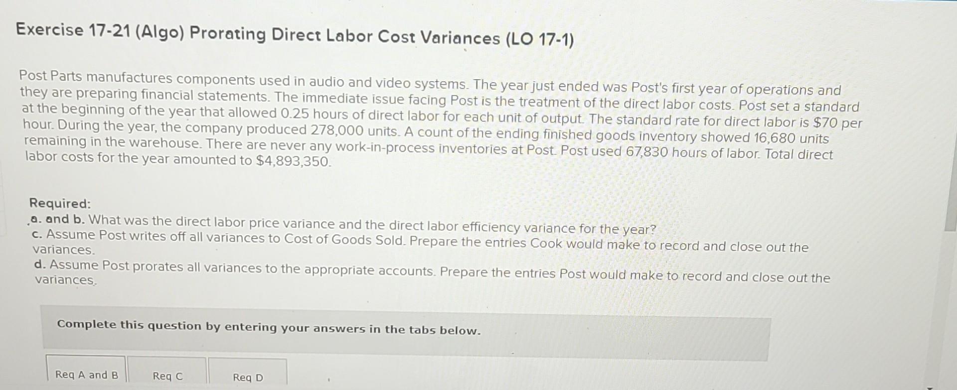 Solved Exercise 17-21 (Algo) Prorating Direct Labor Cost | Chegg.com