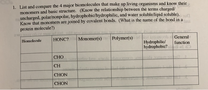 Solved 1. List and compare the 4 major biomolecules that | Chegg.com