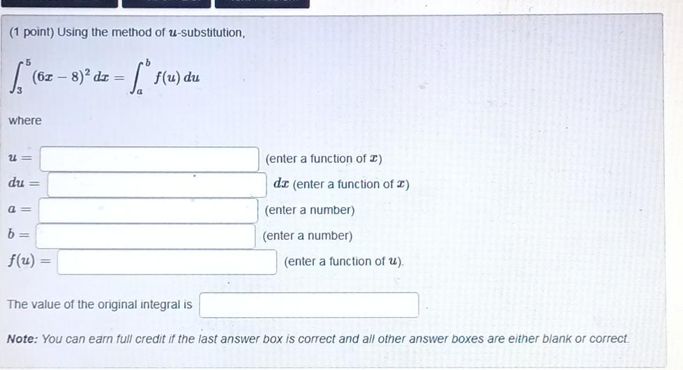 Solved (1 point) Using the method of u-substitution, S | Chegg.com