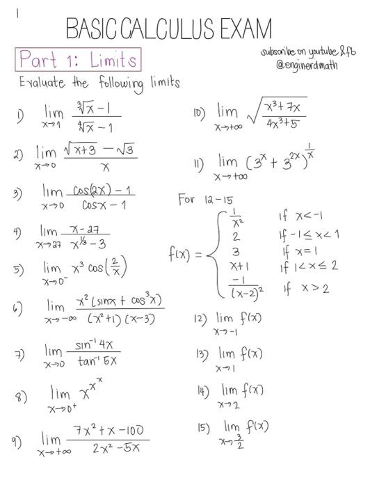 Solved 1 Part 1: Limits Evaluate the following limits. 1 lim | Chegg.com
