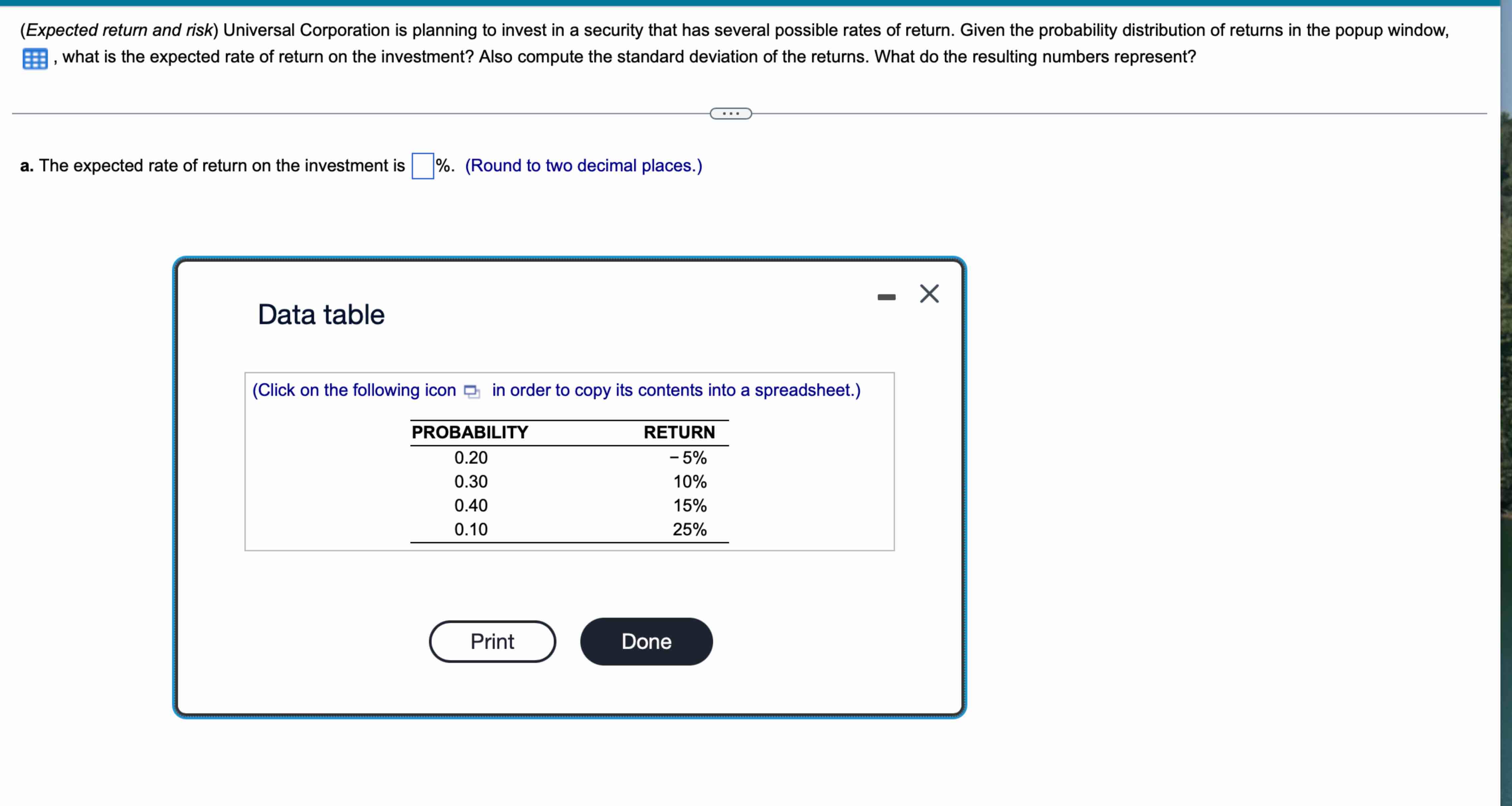 Solved (Expected return and risk) ﻿Universal Corporation is | Chegg.com