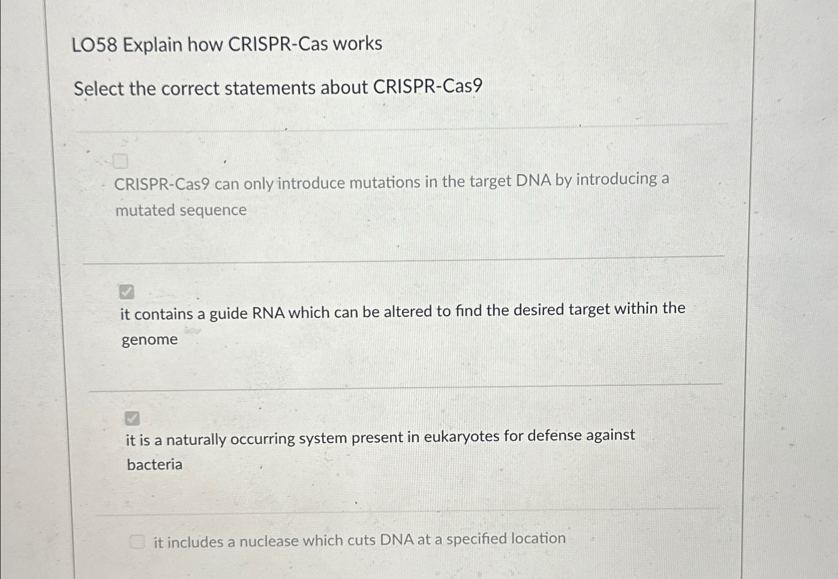 Solved LO58 ﻿Explain how CRISPR-Cas worksSelect the correct | Chegg.com