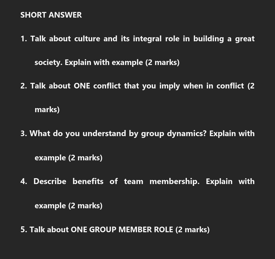 Solved SHORT ANSWER 1. Talk about culture and its integral | Chegg.com