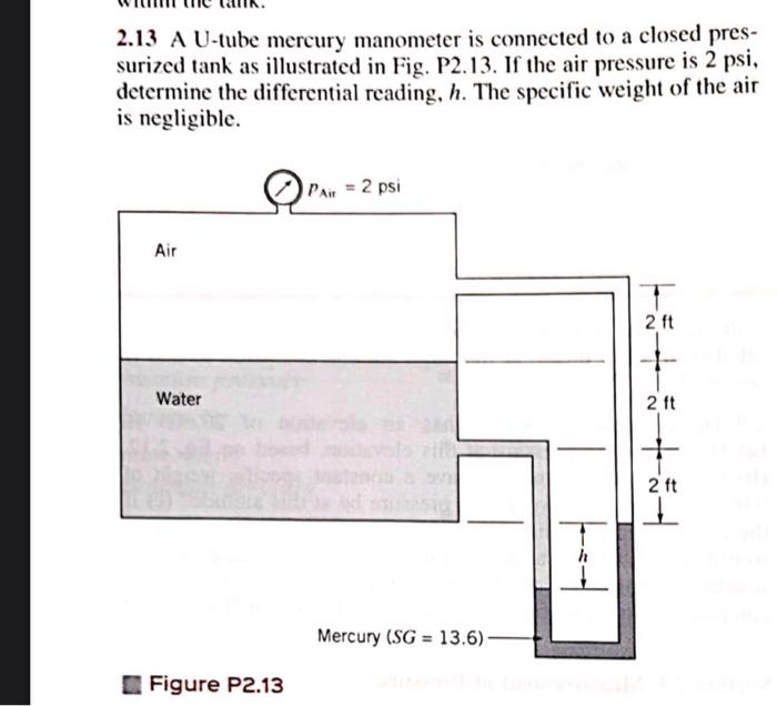 Solved 2.13 A U-tube mercury manometer is connected to a | Chegg.com