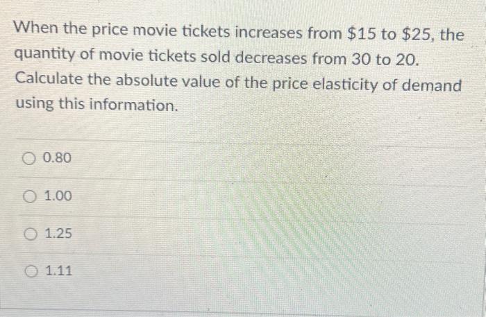 Solved When the price movie tickets increases from $15 to | Chegg.com