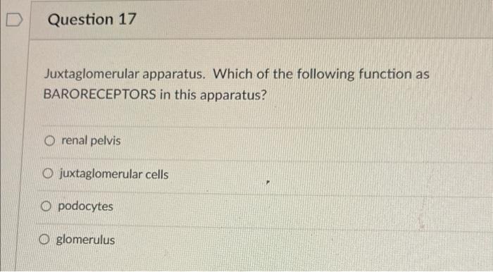 Solved Question 17 Juxtaglomerular apparatus. Which of the | Chegg.com