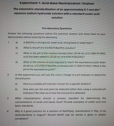 Solved Experiment 1: Acid-Base Neutralization TitrationThe | Chegg.com