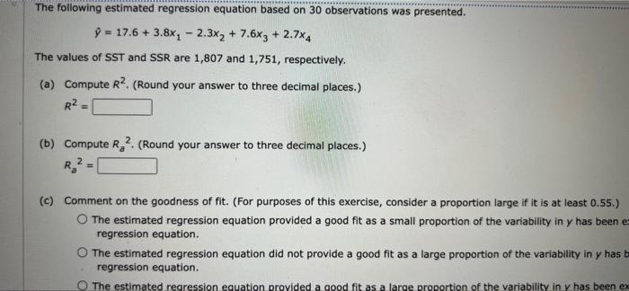 [solved] The Following Estimated Regression Equation Based