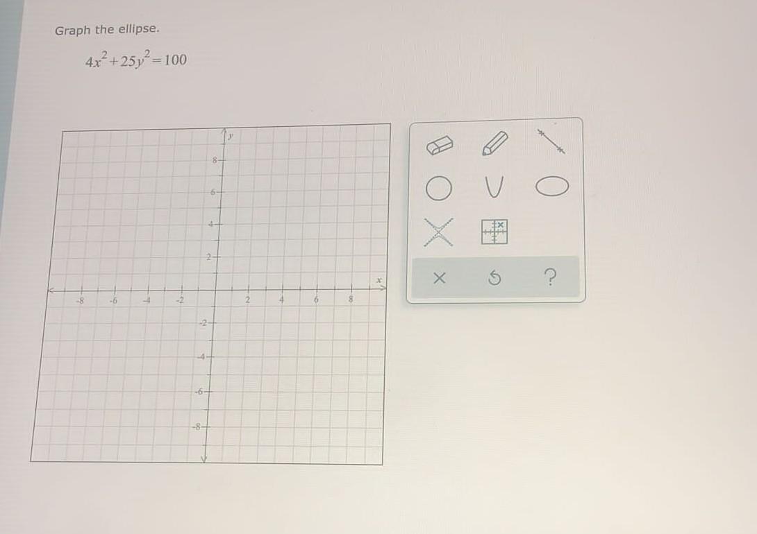 Solved Graph the ellipse. 4x²+25y2=100 y 8- V ? 8 -6 6 -8- | Chegg.com