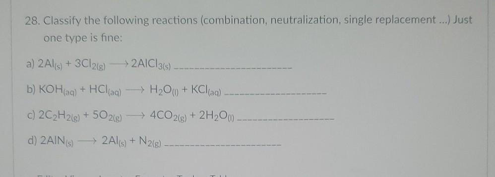 Solved 28. Classify the following reactions (combination, | Chegg.com