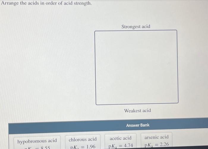 Solved Arrange the acids in order of acid strength. Weakest | Chegg.com