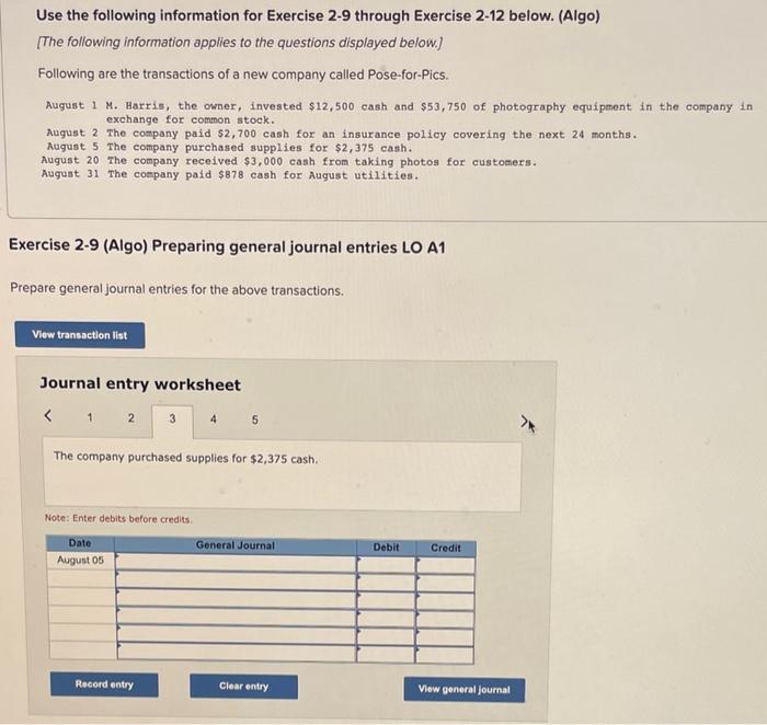Solved Use the following information for Exercise 2-9 | Chegg.com