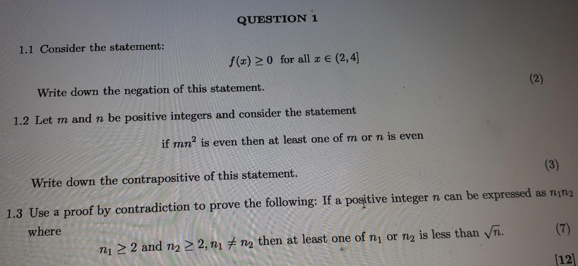 Solved QUESTION 1 1.1 Consider the statement: f(x)≥0 for all | Chegg.com
