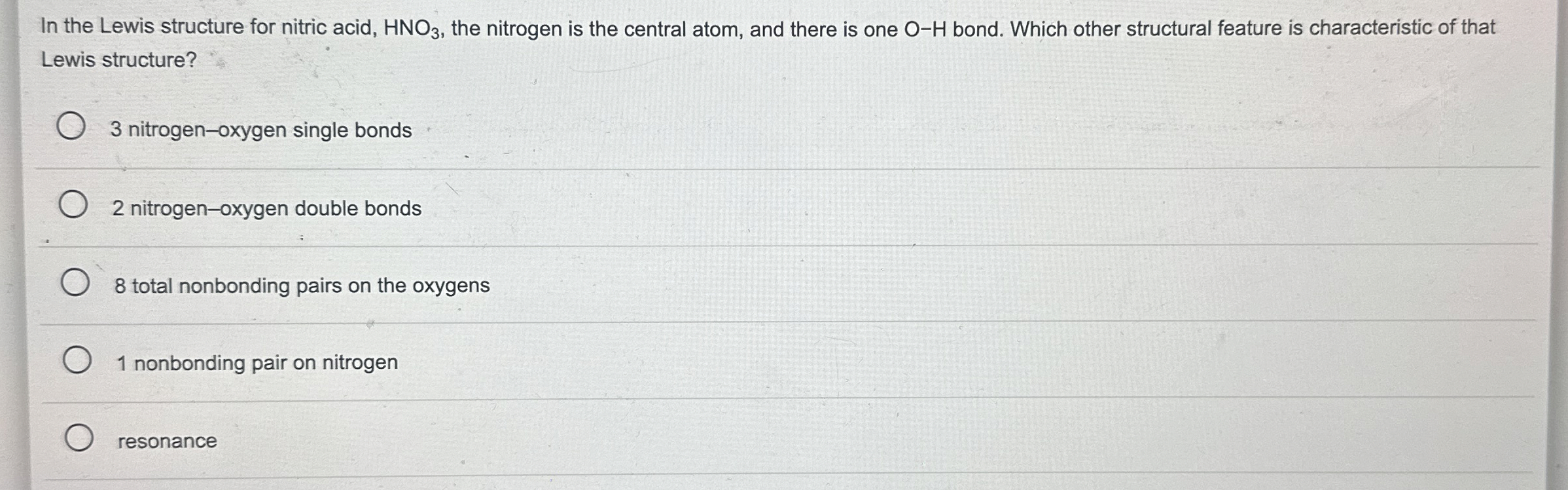 Solved In the Lewis structure for nitric acid, HNO3, ﻿the | Chegg.com