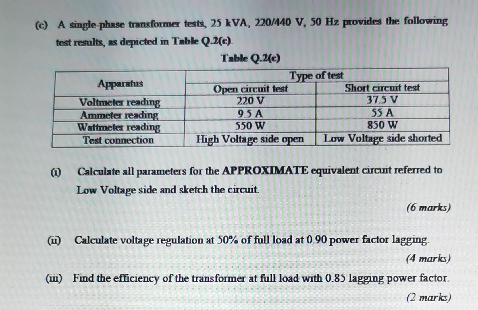 Solved (c) A single phase transformer tests, 25 kVA, 220/440 | Chegg.com