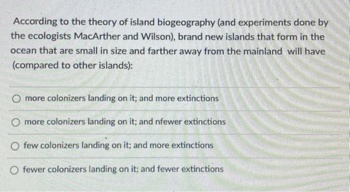 Solved According to the theory of island biogeography (and | Chegg.com