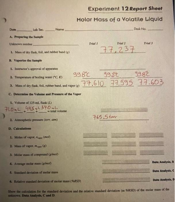 Solved Experiment 12 Report Sheet Molar Mass of a Volatile | Chegg.com