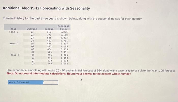 Solved Additional Algo 15-12 Forecasting with Seasonality | Chegg.com