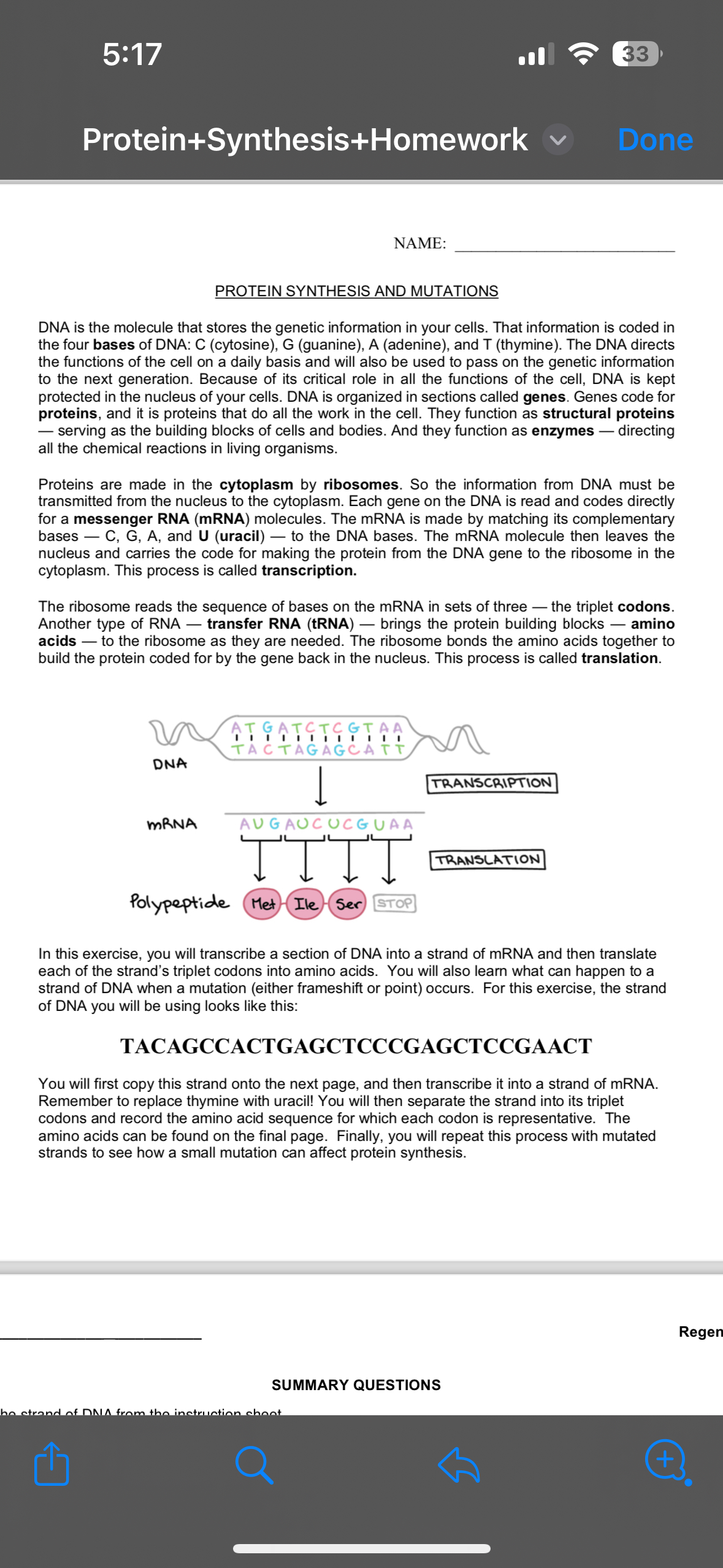 Solved 5:17Protein+Synthesis+HomeworkDoneNAME:PROTEIN | Chegg.com