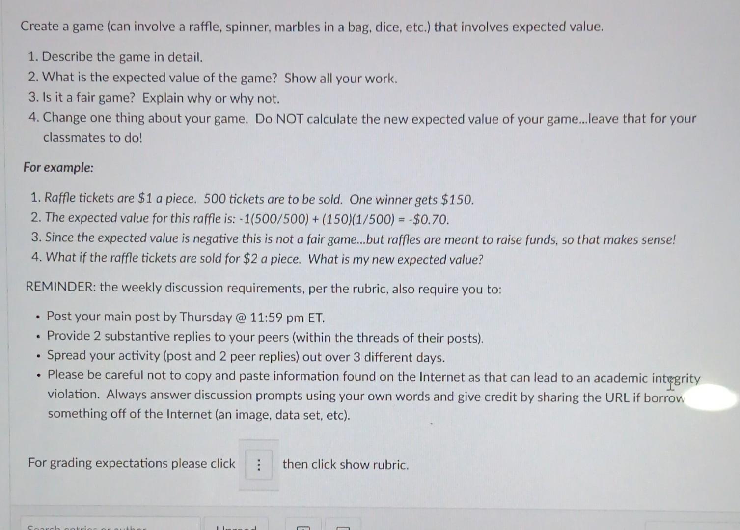 Solved Create a game (can involve a raffle, spinner, marbles | Chegg.com