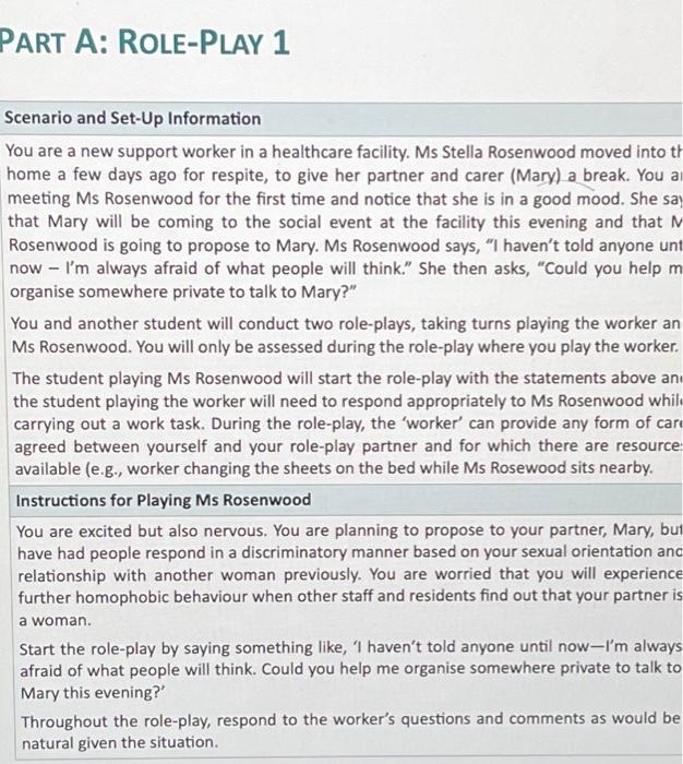 Solved PART A: ROLE-PLAY 1 Scenario and Set-Up Information | Chegg.com