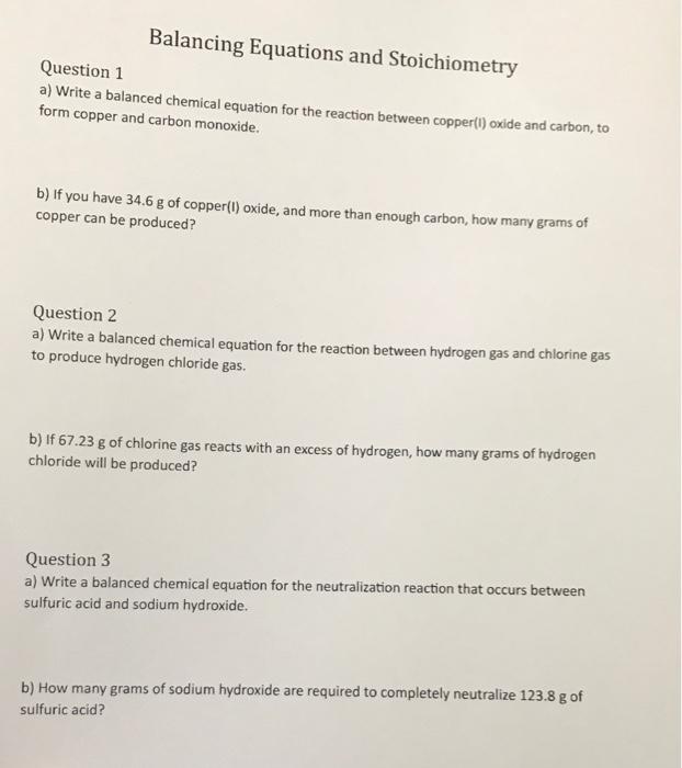 Solved Balancing Equations and Stoichiometry Question 1 a) | Chegg.com