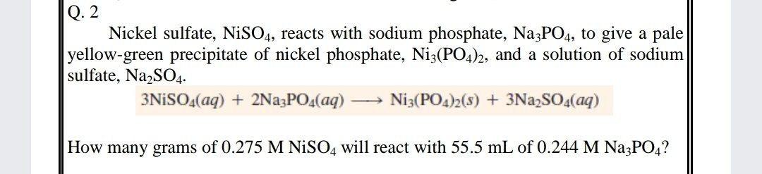 Solved Q. 2 Nickel sulfate, NiSO4, reacts with sodium | Chegg.com