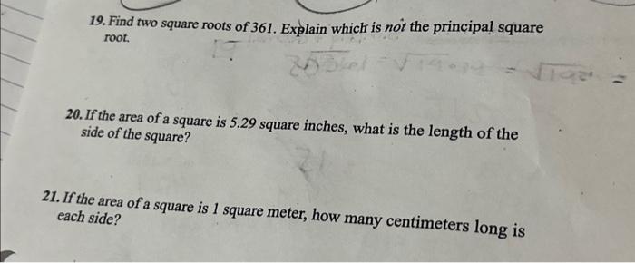 Solved 19. Find two square roots of 361 . Explain which is | Chegg.com