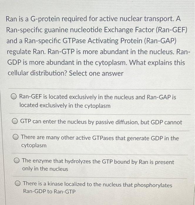 Solved Ran is a G-protein required for active nuclear | Chegg.com