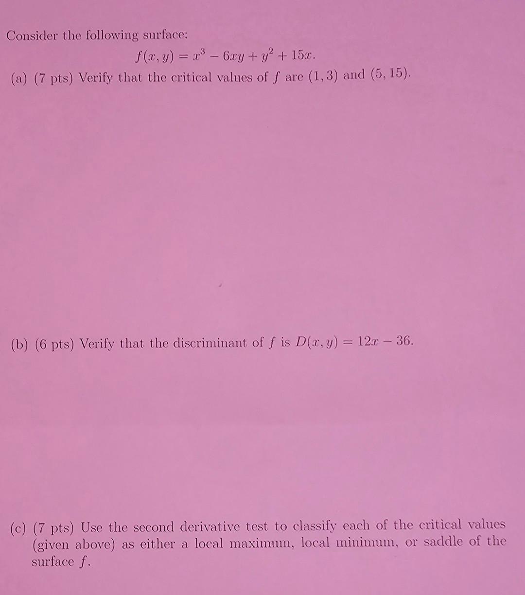 Solved Consider the following surface: f(x,y)=x3−6xy+y2+15x | Chegg.com