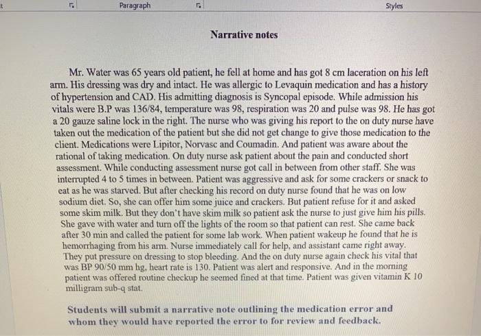 Solved Paragraph г. Styles Narrative notes Mr. Water was 65 | Chegg.com