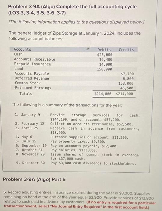 Solved Problem 3-9A (Algo) Complete the full accounting | Chegg.com