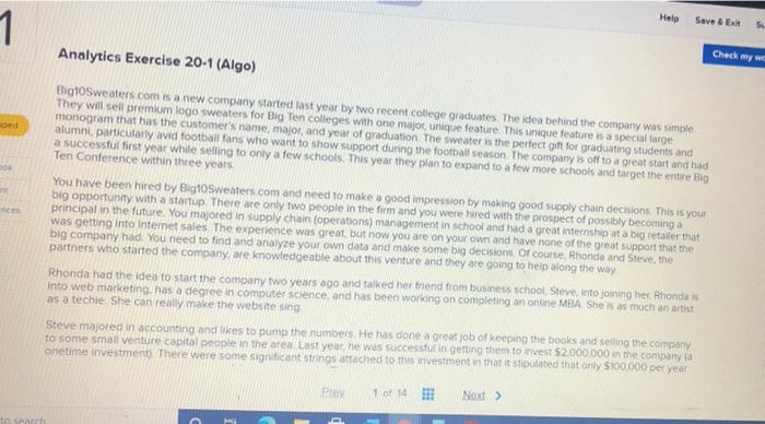 Help 1 Save & ER 5 Analytics Exercise 20-1 (Algo) | Chegg.com