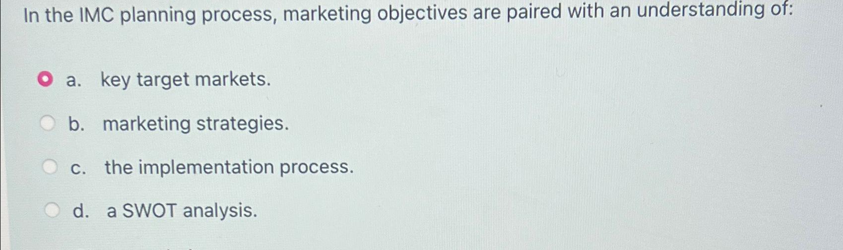 Solved In the IMC planning process, marketing objectives are | Chegg.com