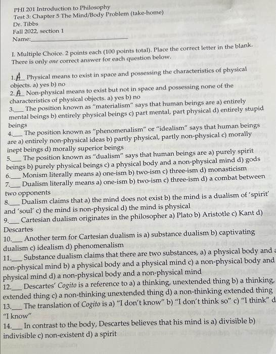 PHI 201 Introduction to Philosophy Test 3: Chapter 5 | Chegg.com