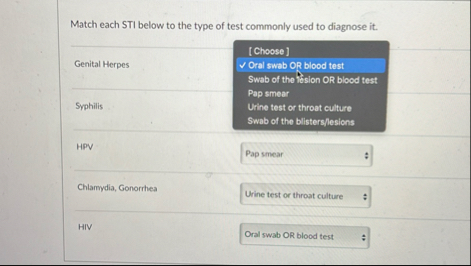 Solved Match each STI below to the type of test commonly | Chegg.com