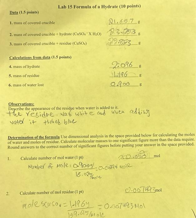 Solved Lab 15 Formula of a Hydrate (10 points) Data (1.5 | Chegg.com