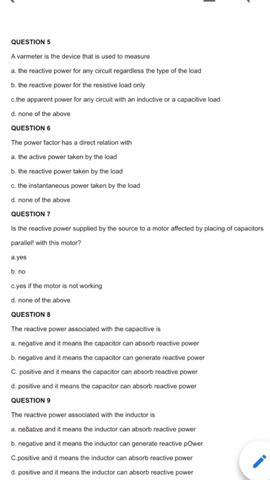Solved QUESTIONS A varmeter is the device that is used to | Chegg.com