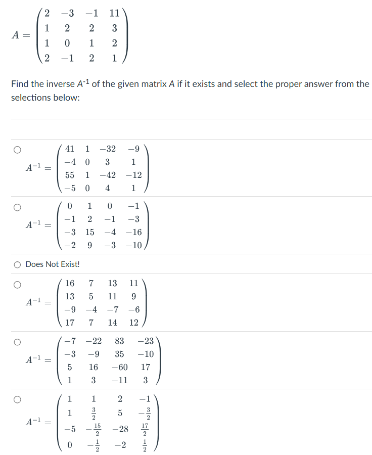 Solved -A=([2,-3,-1,11],[1,2,2,3],[1,0,1,2],[2,-1,2,1])Find | Chegg.com