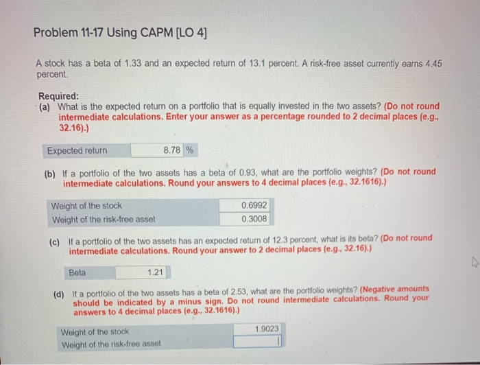 Solved Problem 11-17 Using CAPM [LO 4] A stock has a beta of | Chegg.com