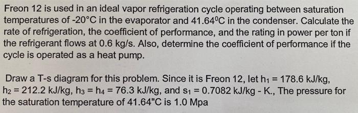 Solved Freon 12 is used in an ideal vapor refrigeration | Chegg.com