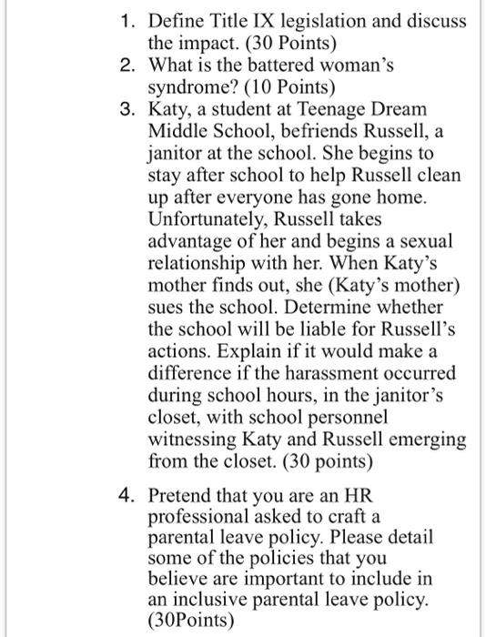 Solved 1. Define Title IX legislation and discuss the | Chegg.com