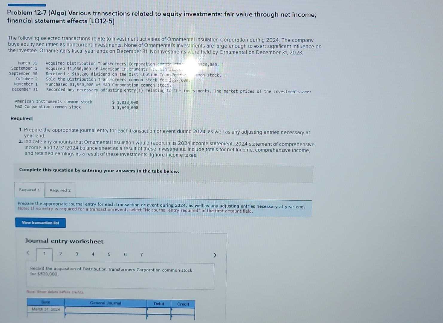 Solved Problem 12-7 (Algo) Various transactions related to | Chegg.com