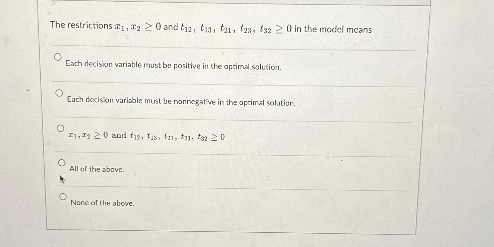 Solved The restrictions x1,x2≥0 ﻿and t12,t13,t21,t23,t32≥0 | Chegg.com