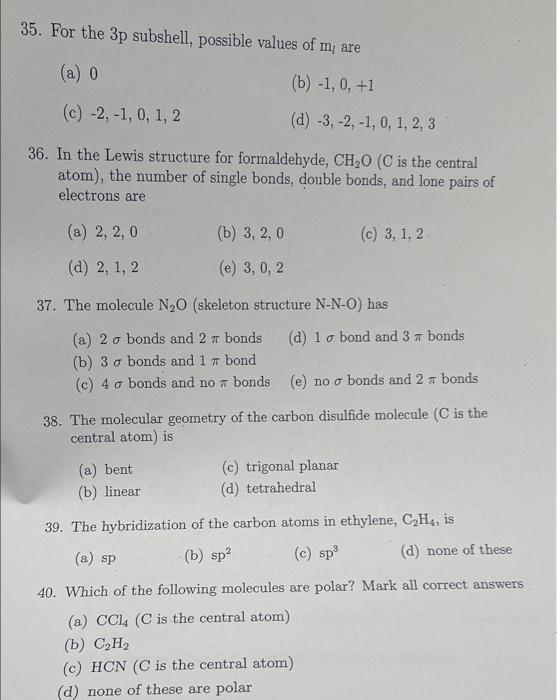 Solved 35. For the 3p subshell, possible values of m; are | Chegg.com