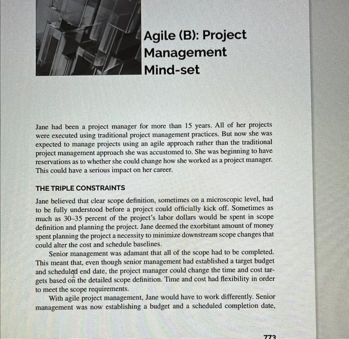 Solved Agile (B): Project Management Mind-set Jane had been | Chegg.com