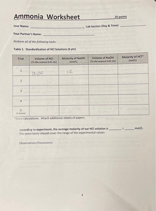 Ammonia Worksheet 20 points Your Name: Lab Section | Chegg.com